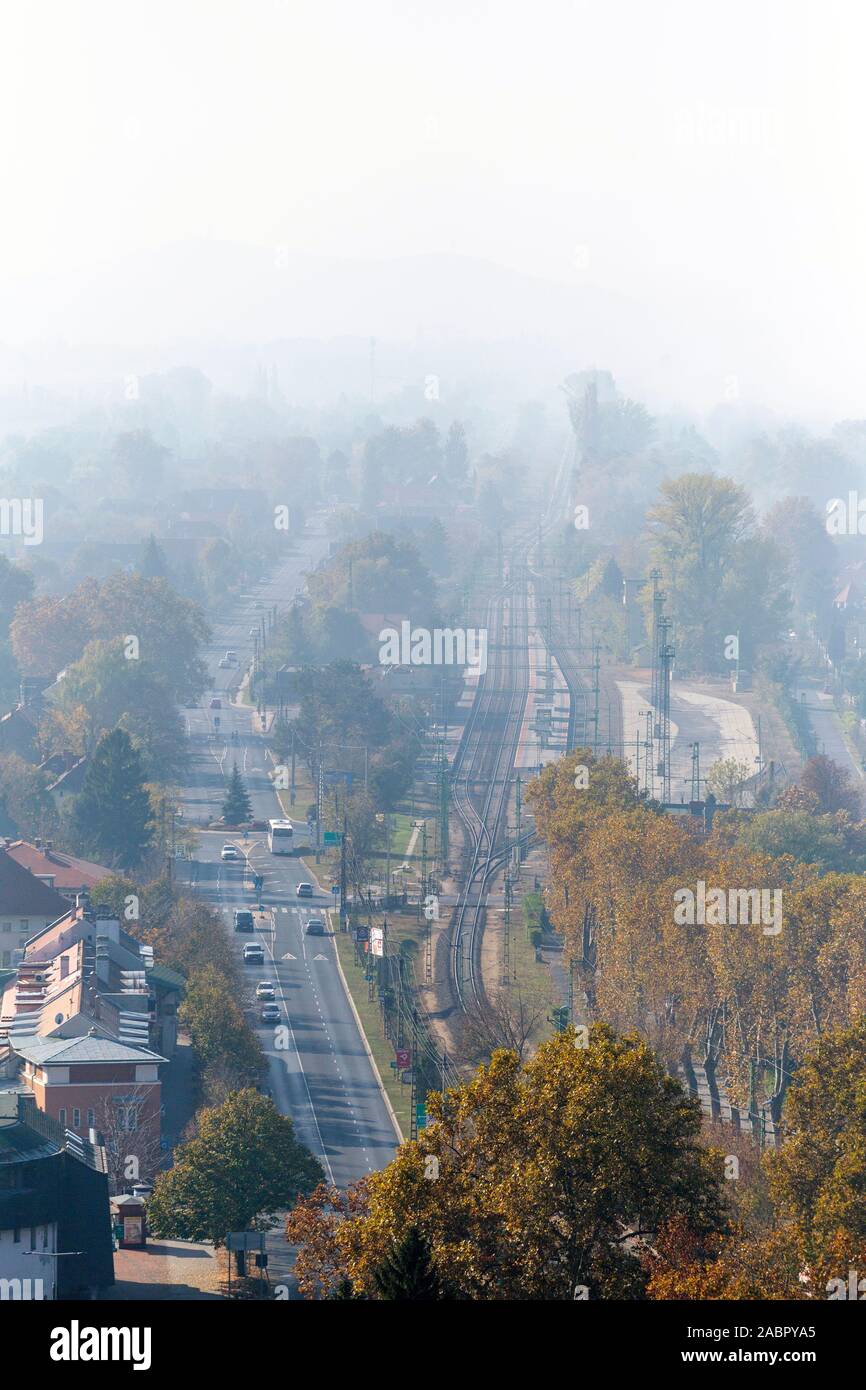 View of the foggy Balatonboglar, Hungary from the lookout tower on an ...