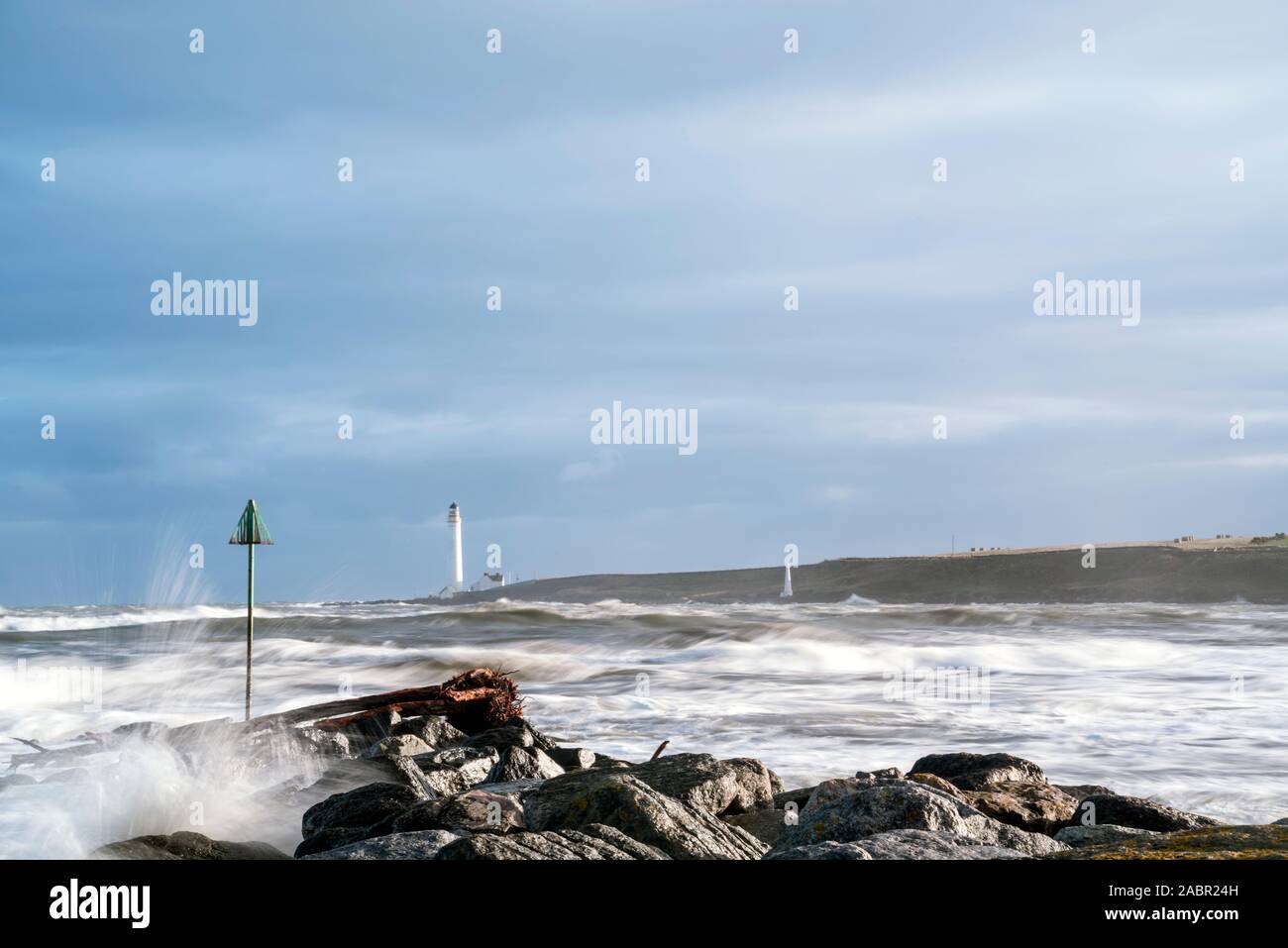 Seascape view across stormy seas in Montrose Bay towards Scurdie Ness ...