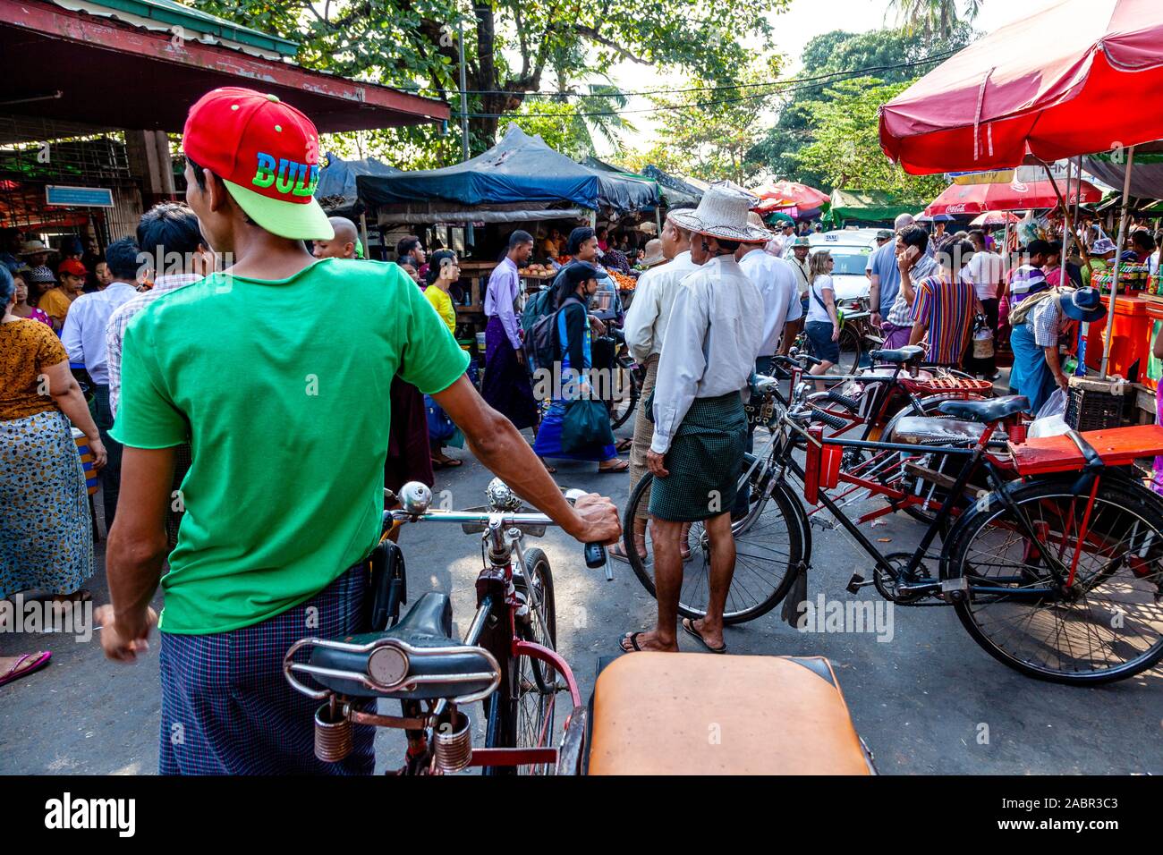Bicycle Taxi Drivers Waiting For Customers, Yangon, Myanmar Stock Photo ...