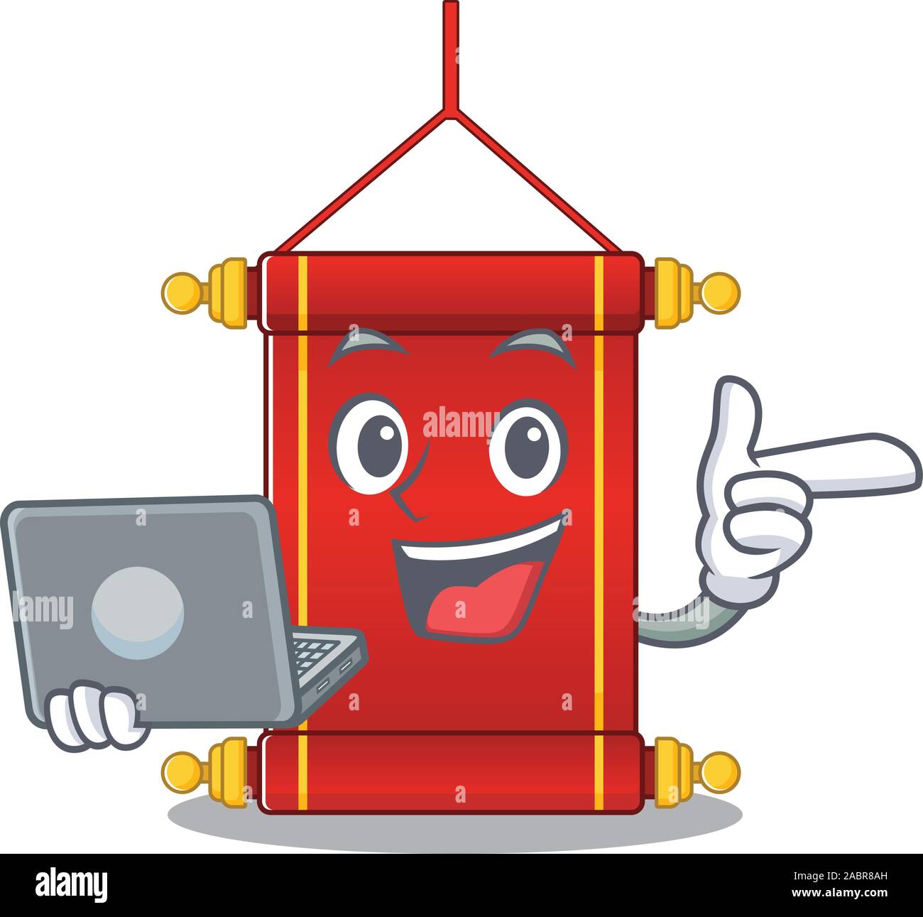 Happy smiling chinese scrolls cartoon character working with laptop ...