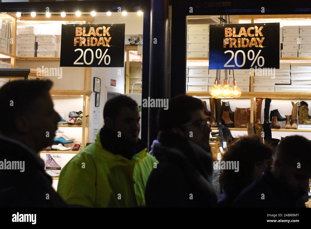 Madrid, Spain. 28th Nov, 2019. Black Friday being advertised at a shop ...
