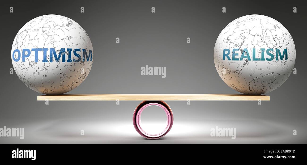 Optimism and realism in balance - pictured as balanced balls on scale ...