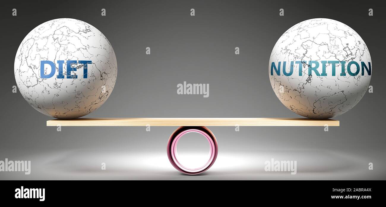 Diet and nutrition in balance - pictured as balanced balls on scale ...