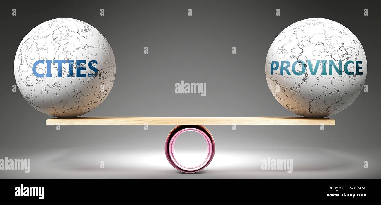 Cities and province in balance - pictured as balanced balls on scale ...