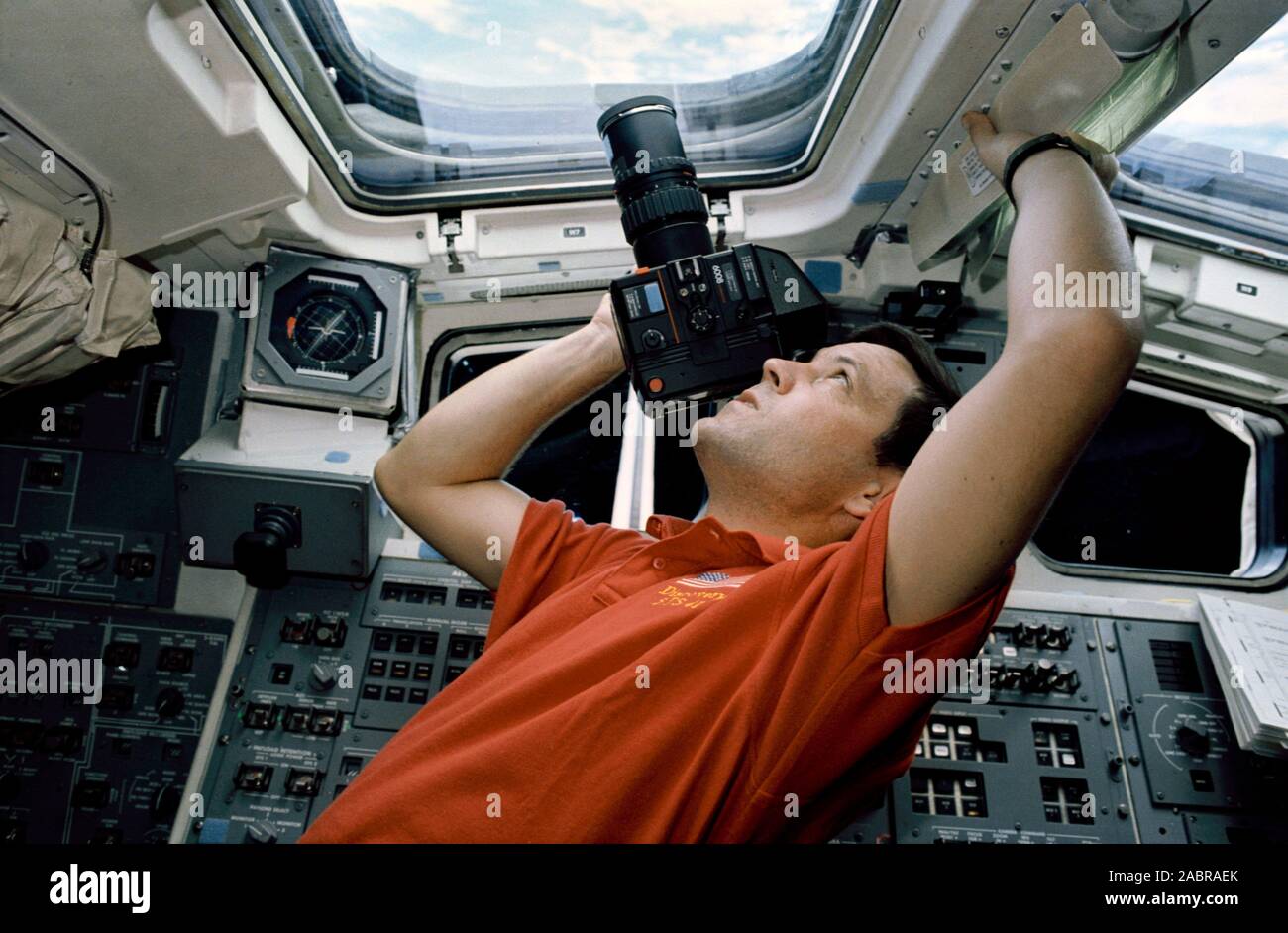 (6-10 Oct 1990) --- Astronaut Robert D. Cabana, STS-41 pilot, uses a ...