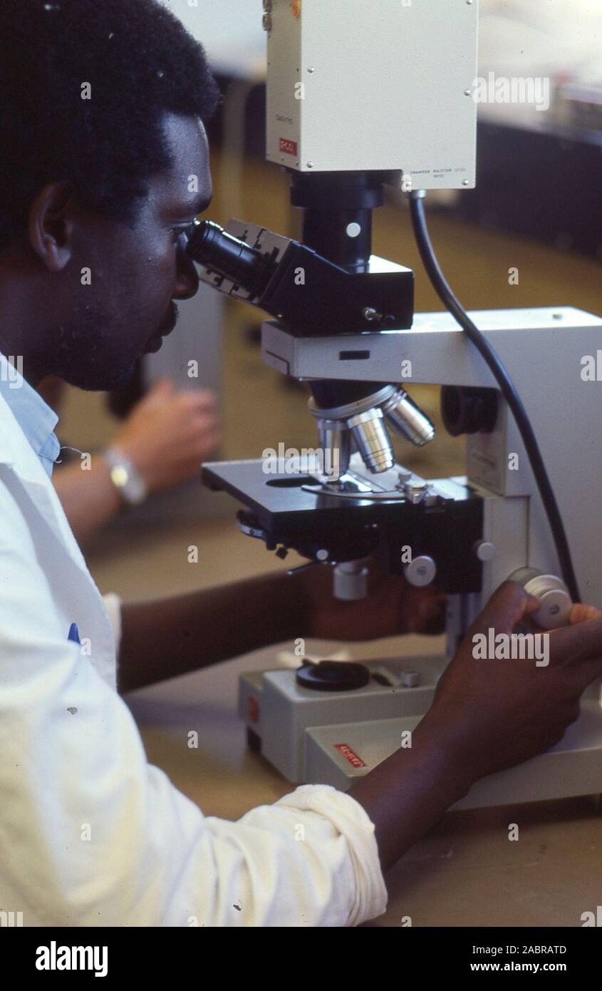 A man with a while lab coat looking through a microscope Stock Photo ...