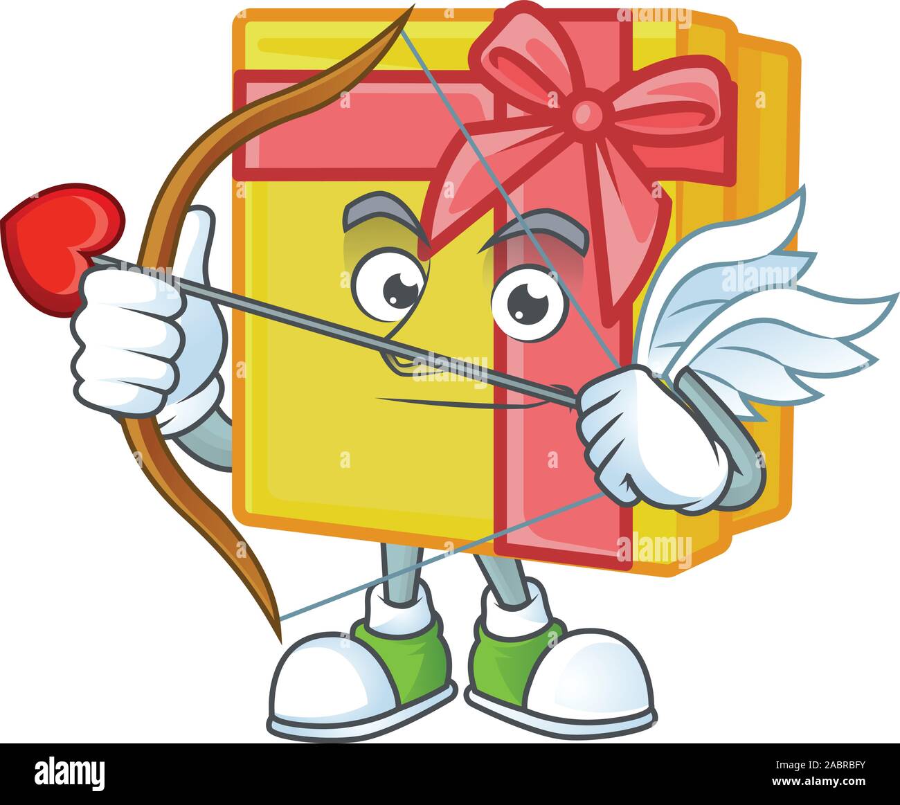 Cute yellow gift box Cupid cartoon character with arrow and wings Stock ...