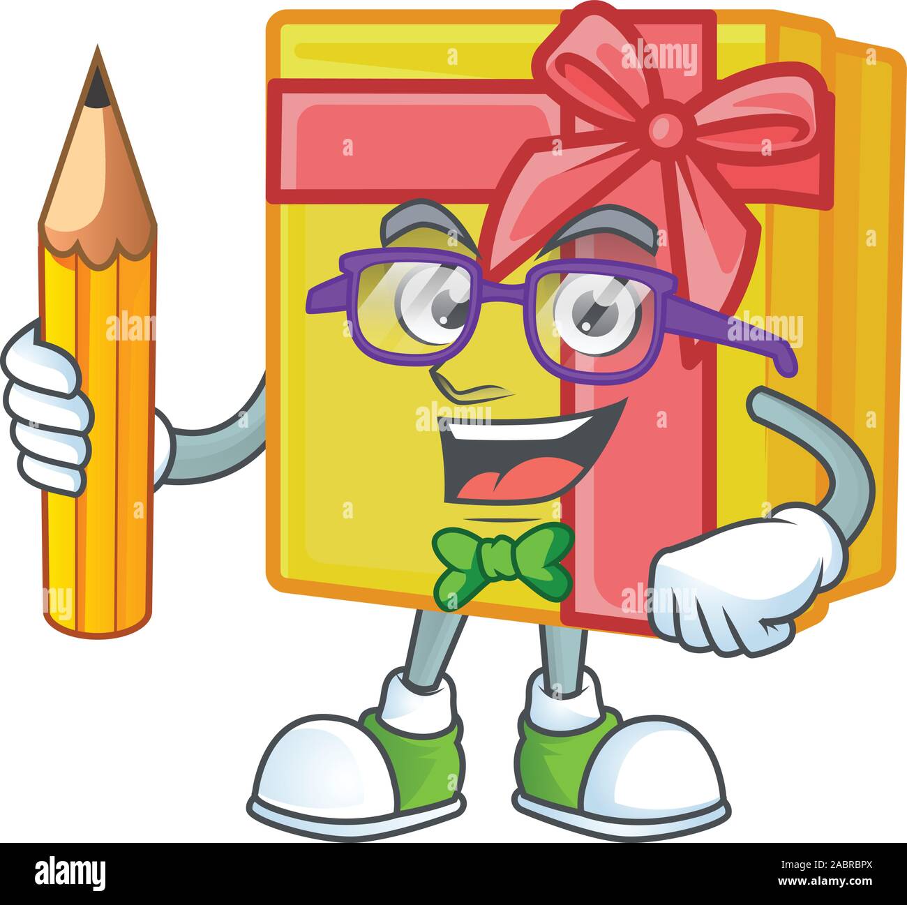 Cool smart Student yellow gift box character holding pencil Stock ...