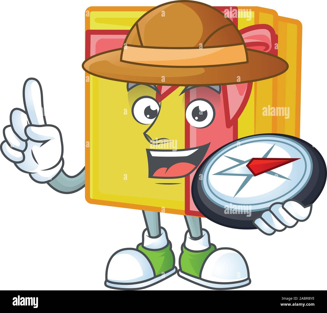 Explorer yellow gift box cartoon character holding a compass Stock ...