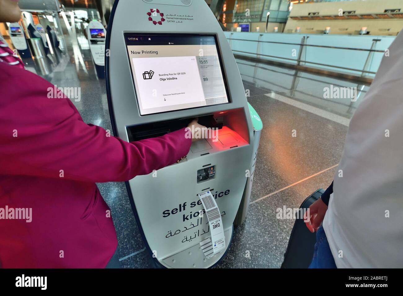 Doha, Qatar - Nov 24. 2019. Smart check-in Departure Area of Hamad ...