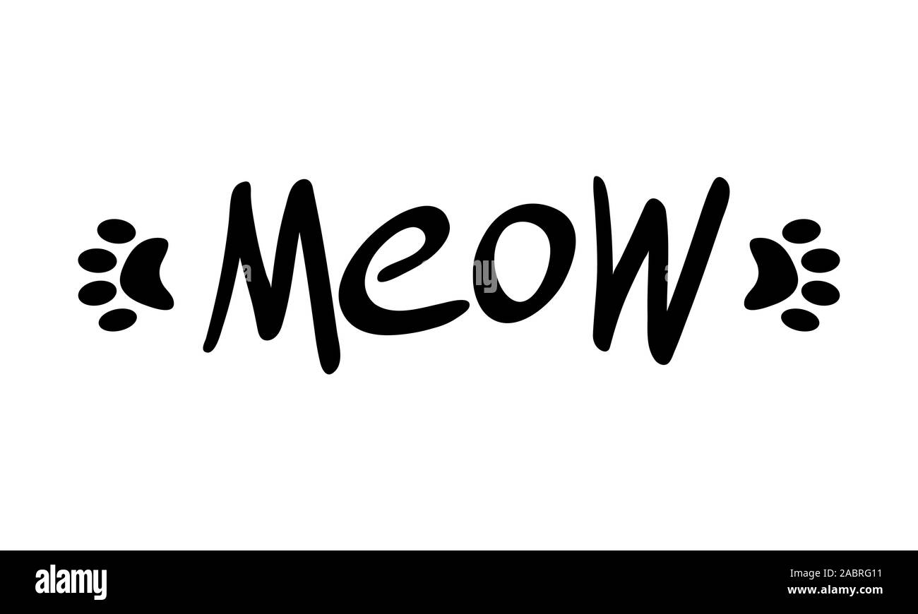 Hand drawn meow lettering with cat paw prints. Black objects isolated ...