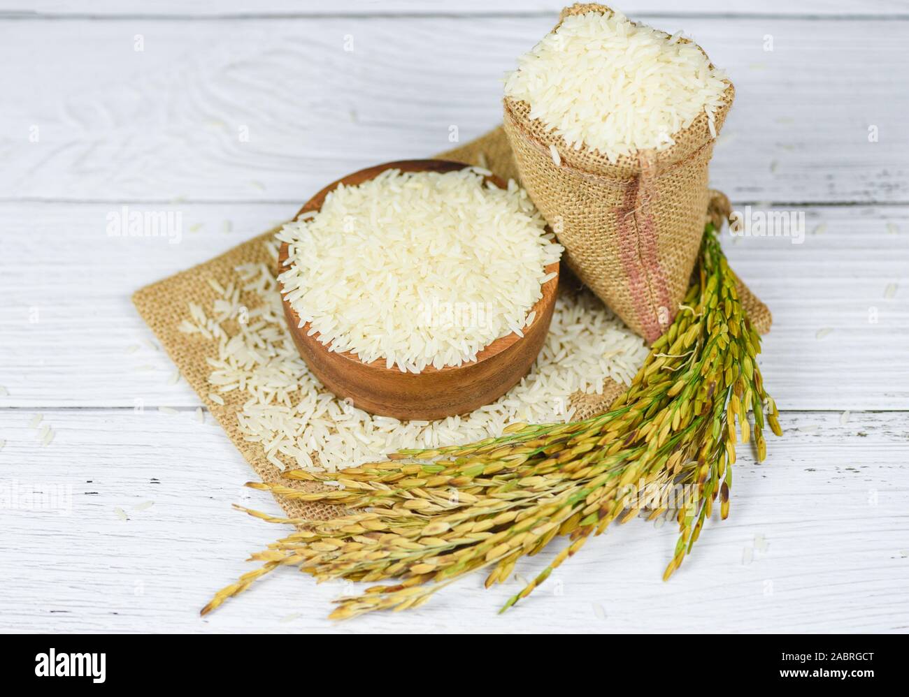 Raw jasmine rice grain with ear of paddy field agricultural products ...