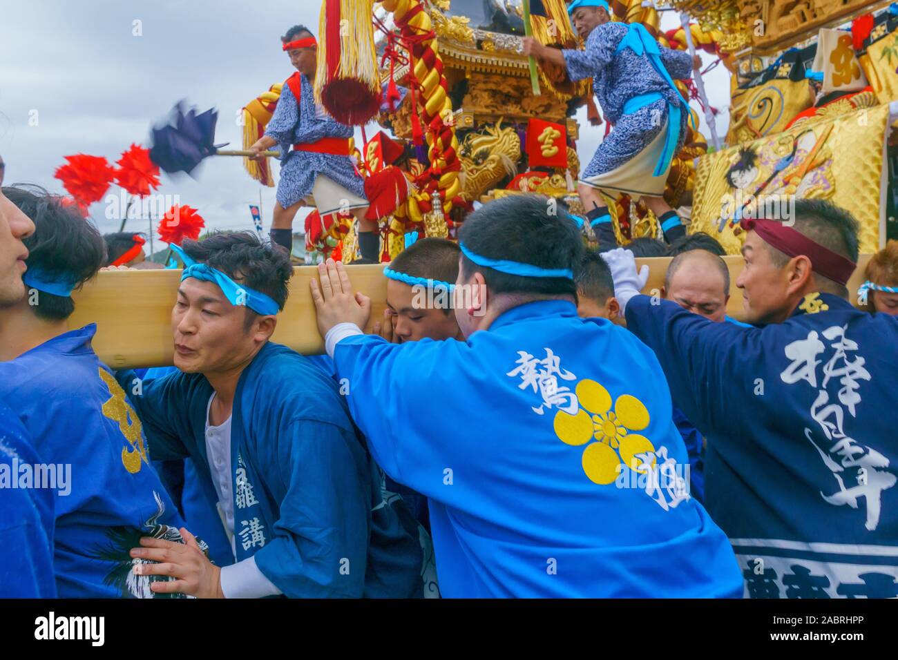 Himeji, Japan - October 14, 2019: Portable shrine carried by men in ...