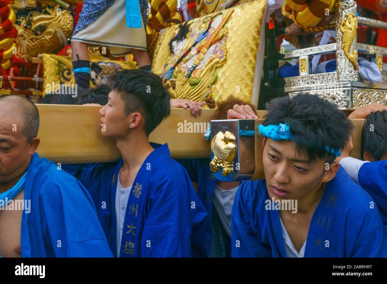 Himeji, Japan - October 14, 2019: Portable shrine carried by men in ...