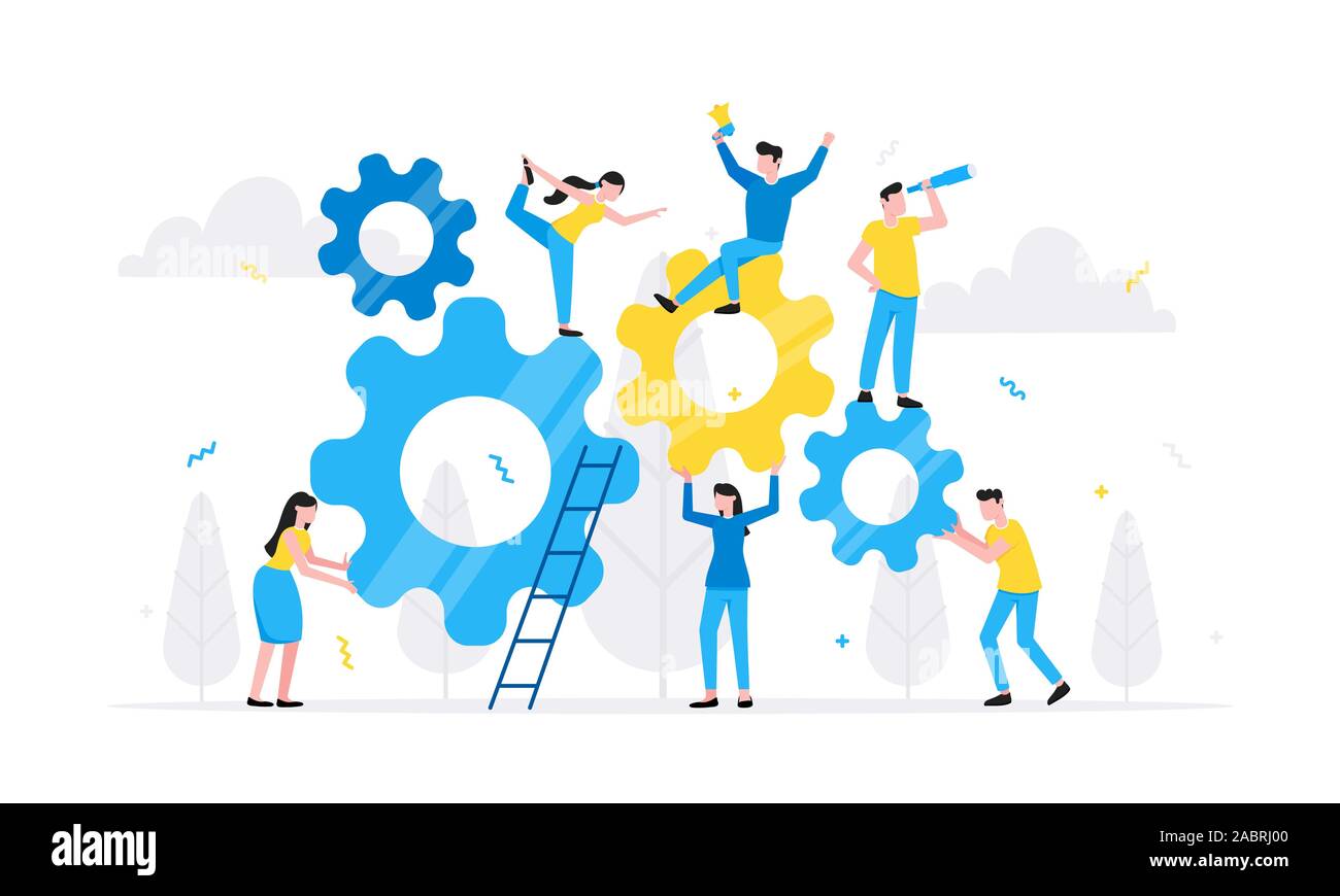 Teamwork concept with tiny people characters working together with big ...