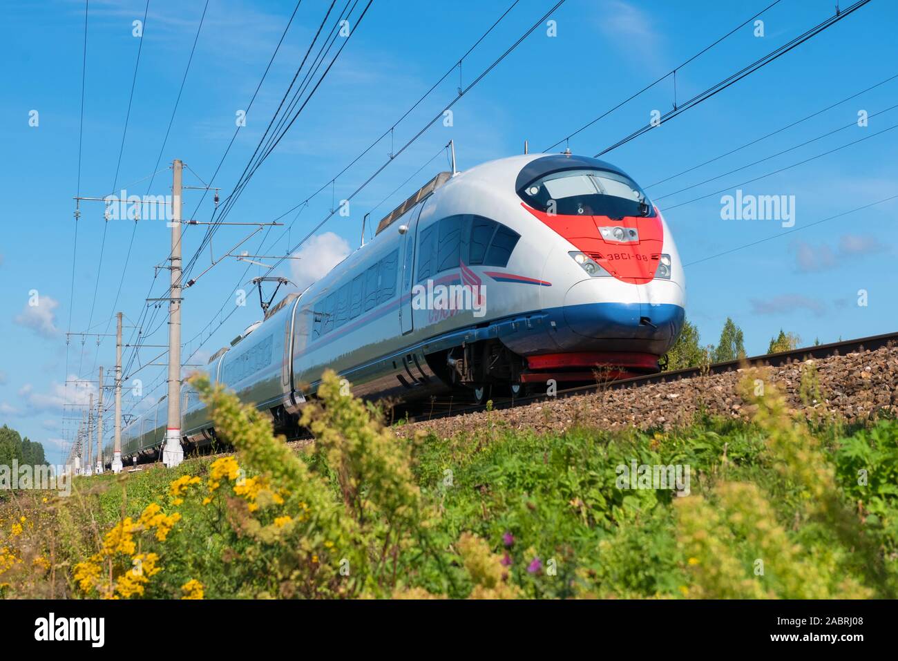 LENINGRAD REGION, RUSSIA - AUGUST 10, 2019: The head car of the moving ...