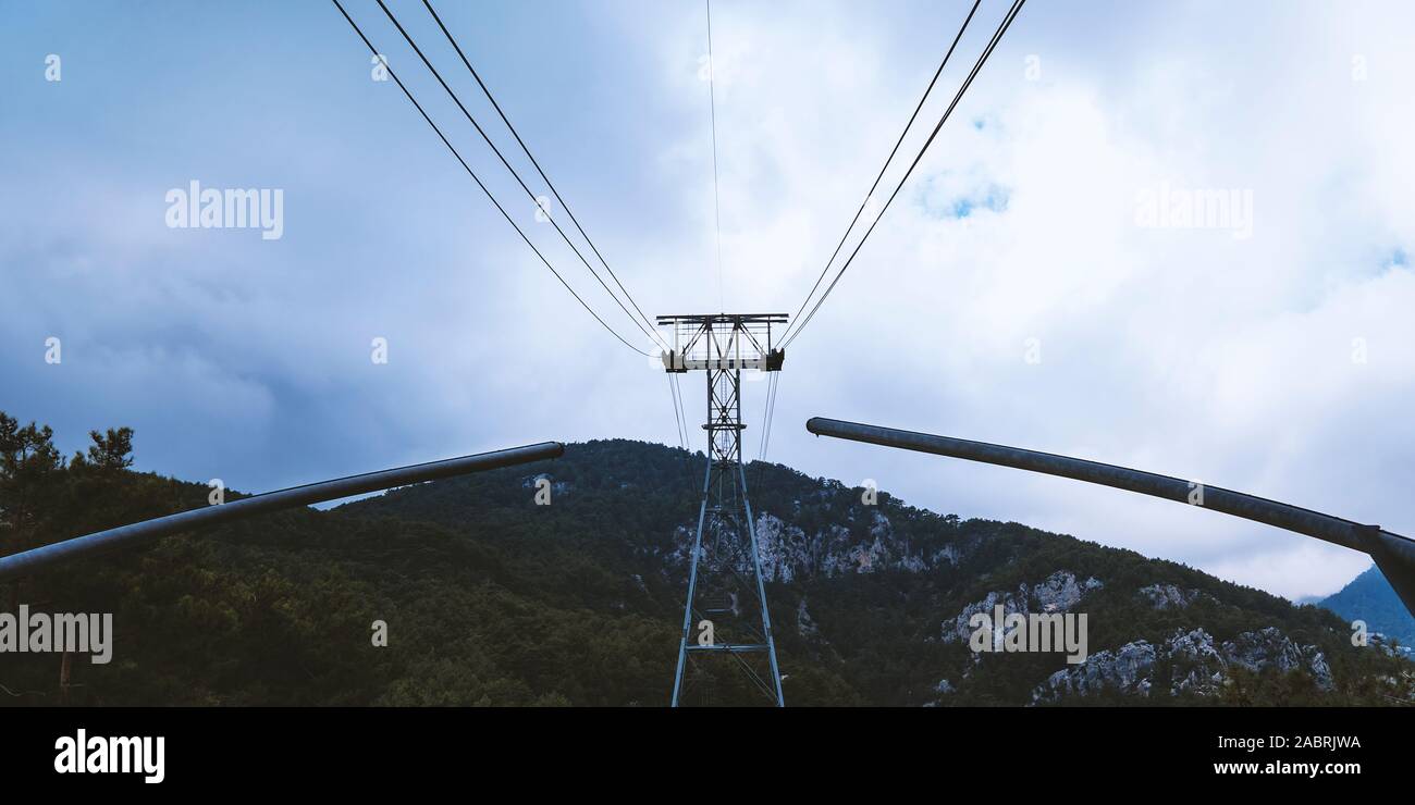 Beautiful vertical panorama view with cable car on amazing mountains ...