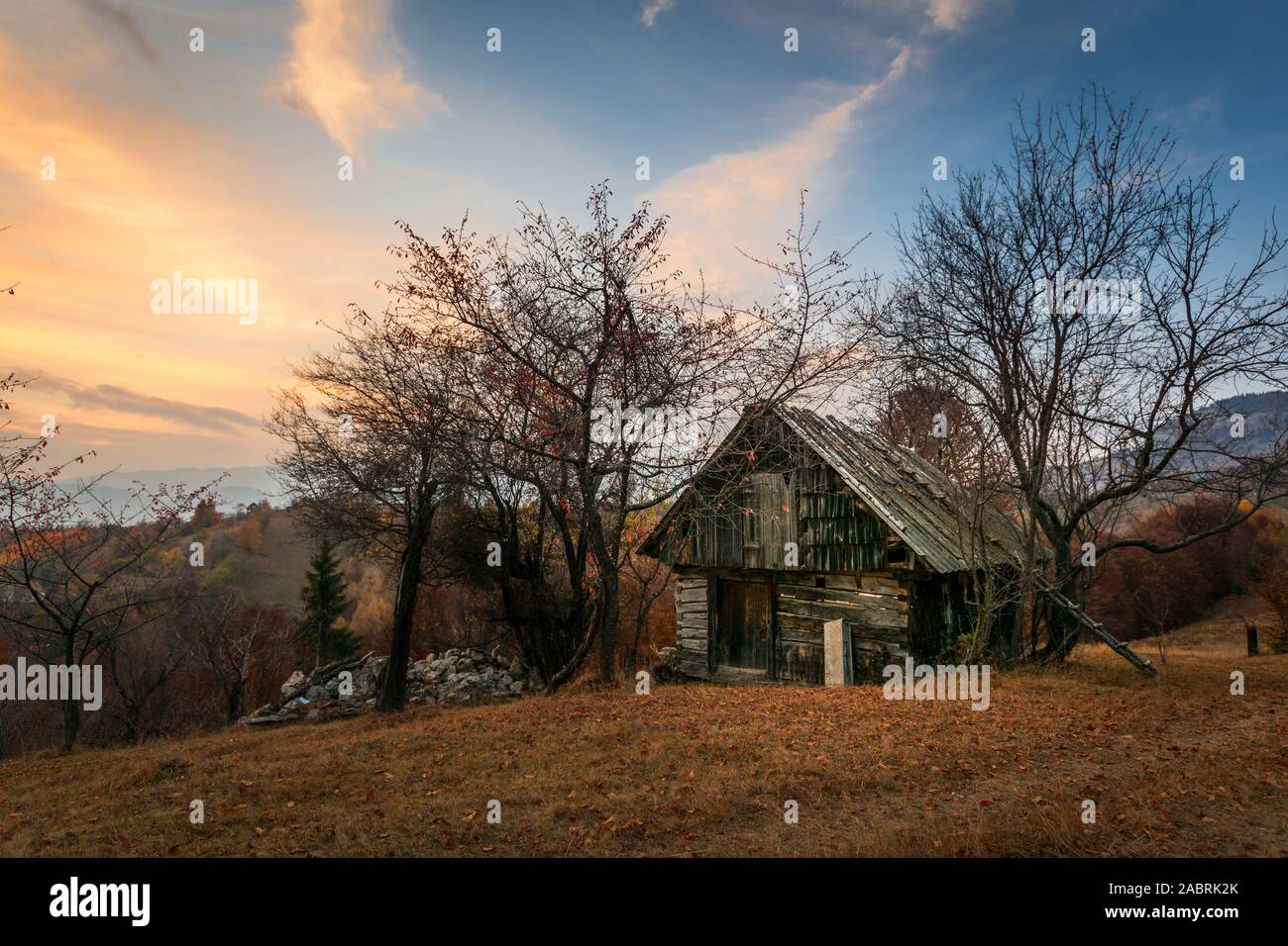 stunning landscape from Transylvania, Romania autumn over a ruined ...