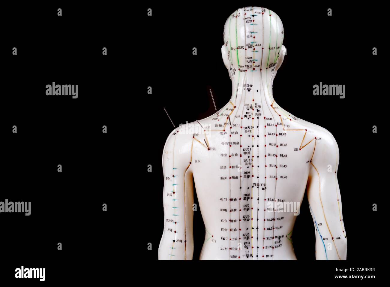 male acupuncture model with needles on a black background Stock Photo ...