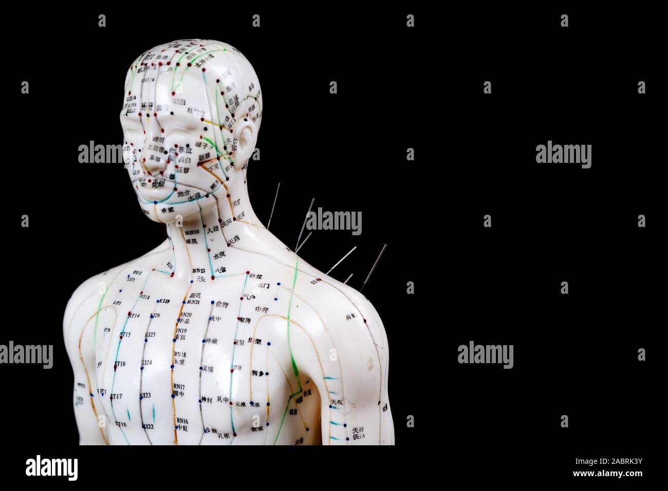 male acupuncture model with needles on a black background Stock Photo ...