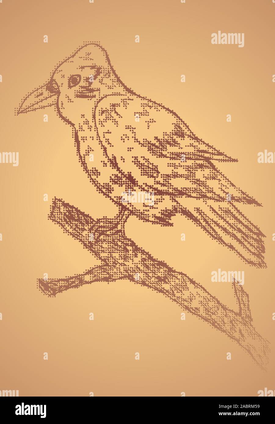 Grunge hand drawn illustration of a big crow sitting on a branch Stock ...