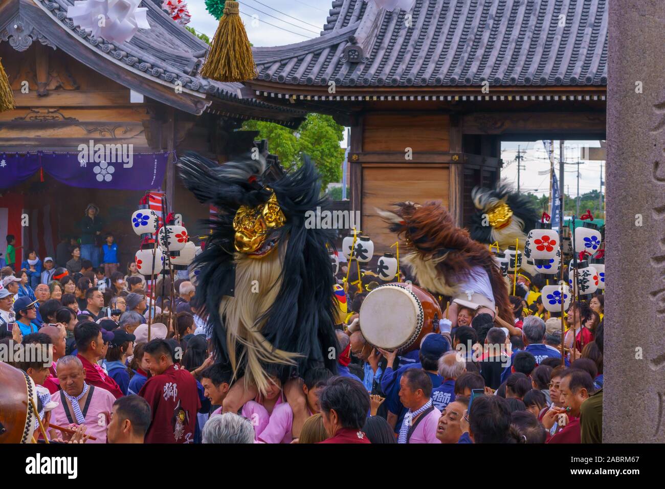 Himeji, Japan - October 15, 2019: Traditional dance of hair lion ...