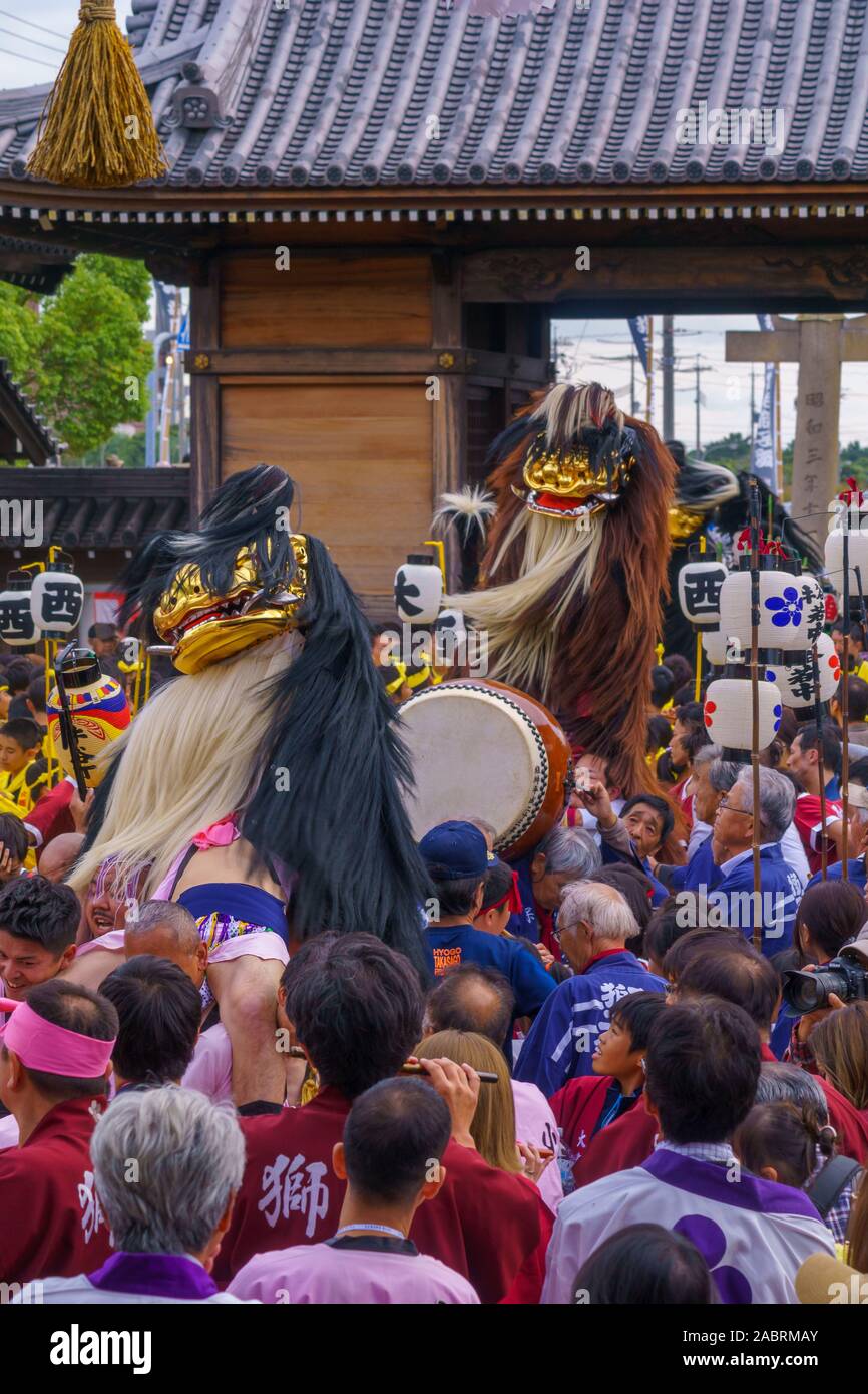 Himeji, Japan - October 15, 2019: Traditional dance of hair lion ...