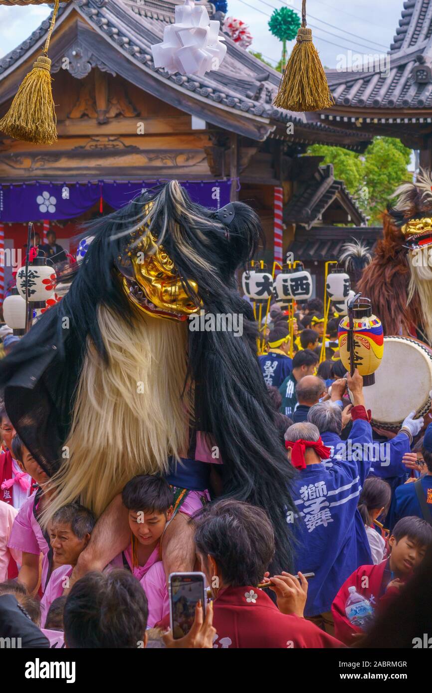 Himeji, Japan - October 15, 2019: Traditional dance of hair lion ...