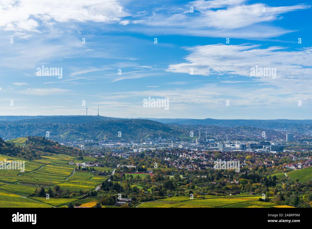 Germany, Stuttgart city houses, industry, tv tower and cityscape ...