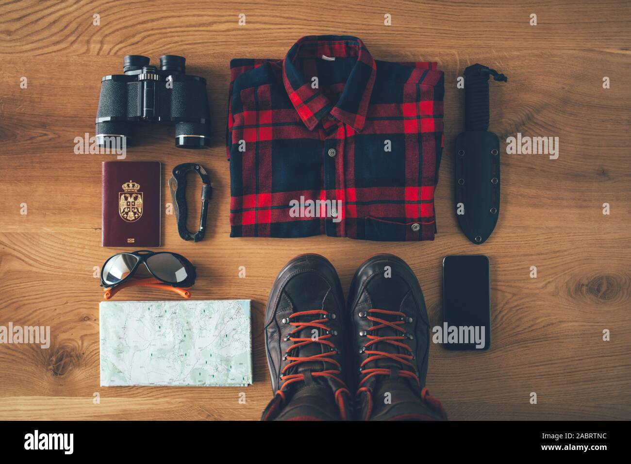 Outdoor adventurer travel equipment flat lay Stock Photo - Alamy