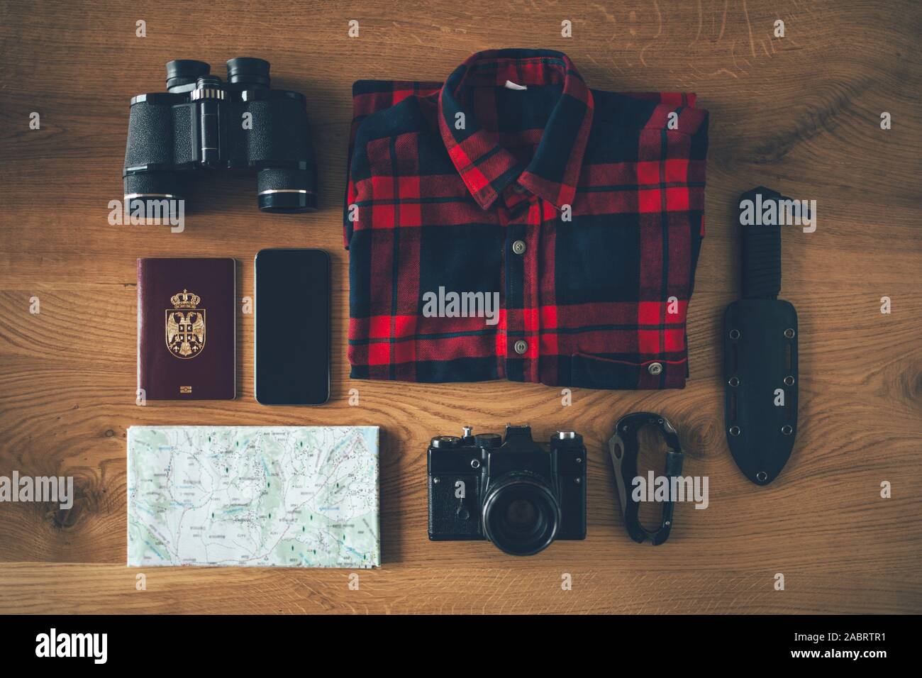 Outdoor adventurer travel equipment flat lay Stock Photo - Alamy