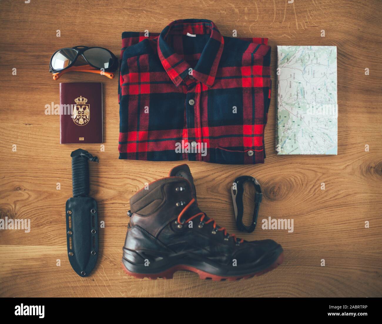 Outdoor adventurer travel equipment flat lay Stock Photo - Alamy