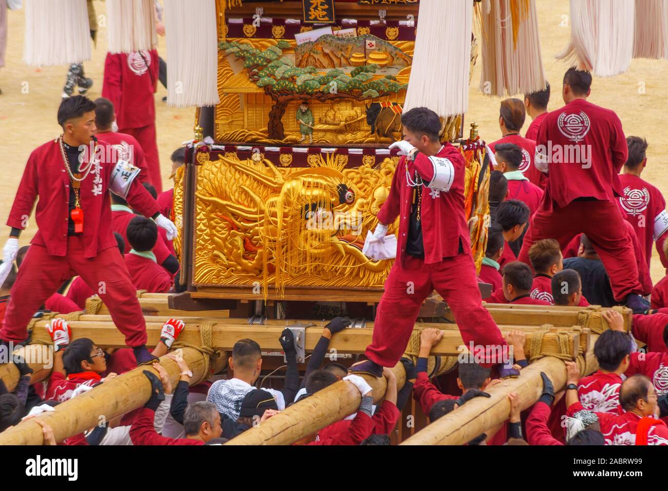 Niihama, Japan - October 17, 2019: Men in traditional clothing carrying ...