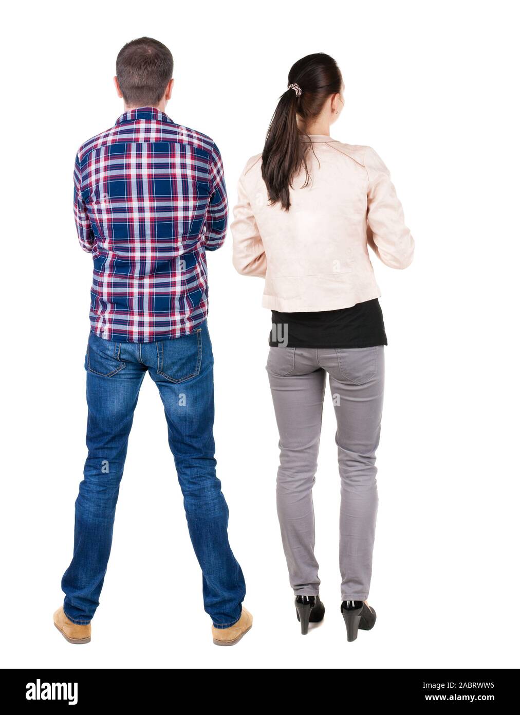 Back view of couple. beautiful friendly girl and guy together. Rear ...