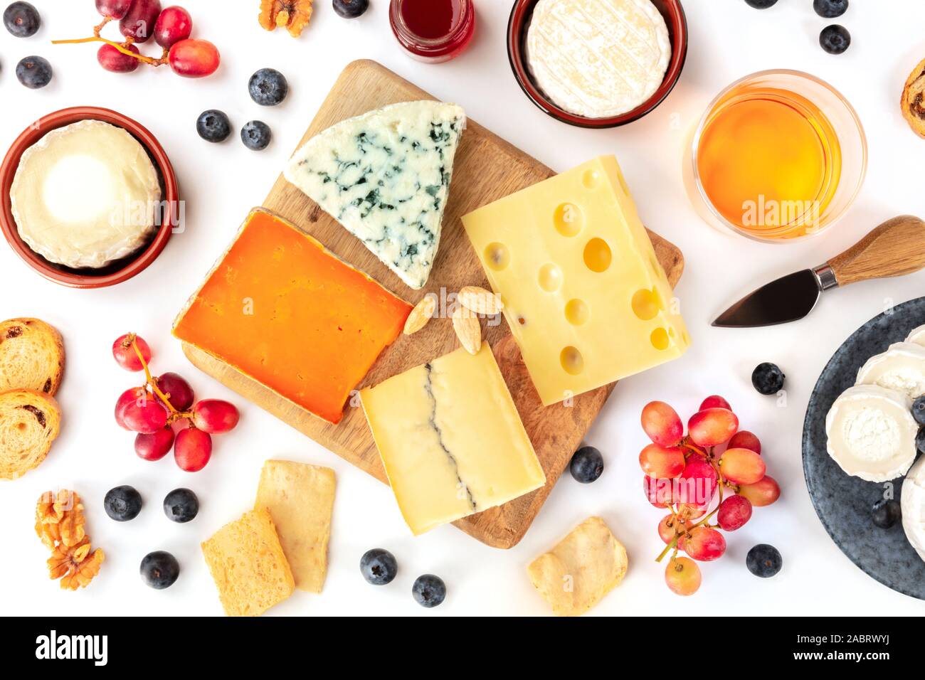 Cheese platter, a flat lay top shot on a white background. Blue cheese ...