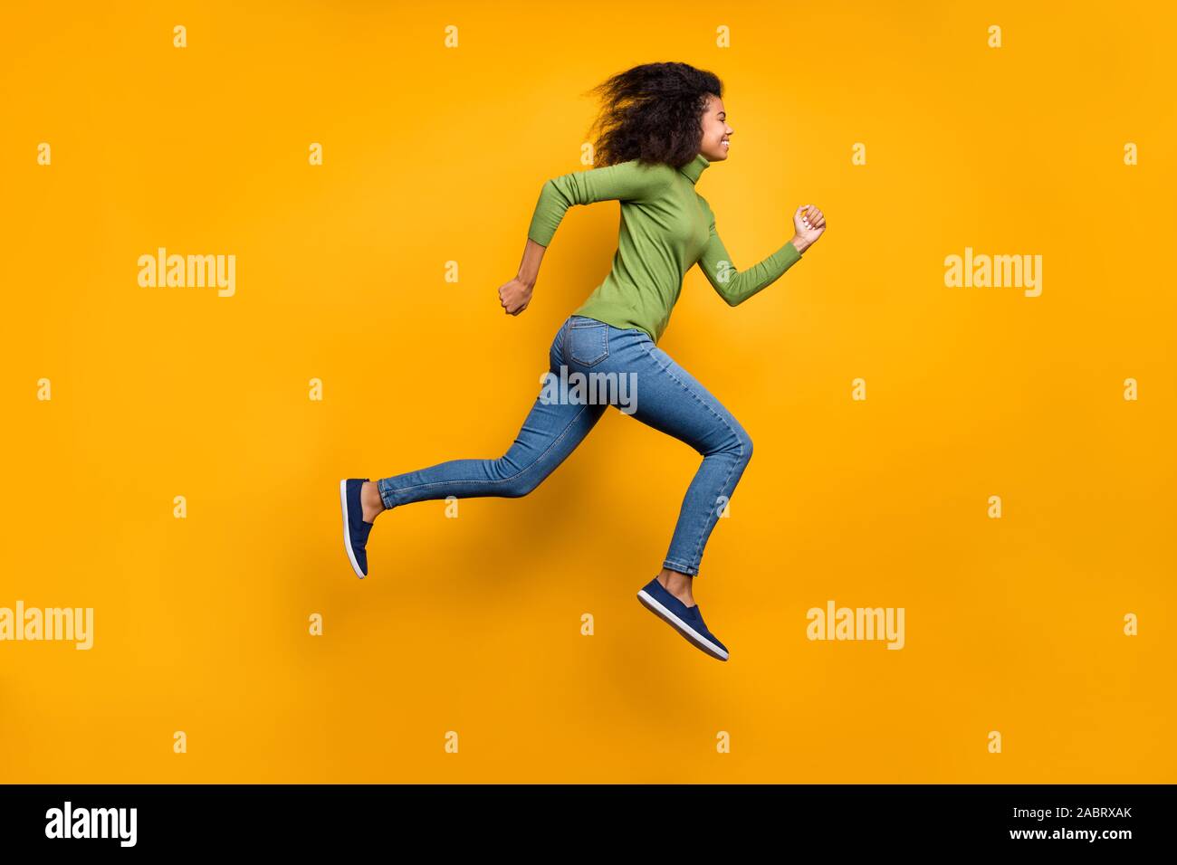 Side profile full length body size photo of casual positive pretty ...