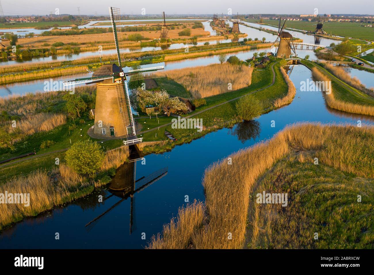 Aerial view windmills village canal hi-res stock photography and images ...