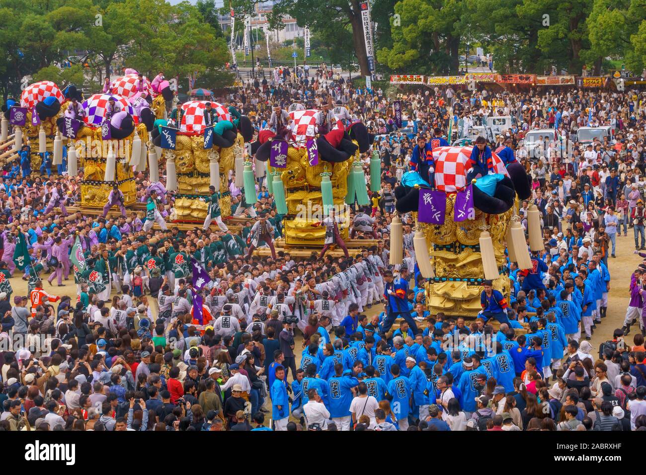 Niihama, Japan - October 17, 2019: Men in traditional clothing carrying ...