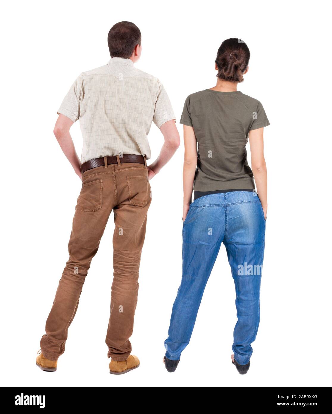 Back view of couple. beautiful friendly girl and guy together. Rear ...