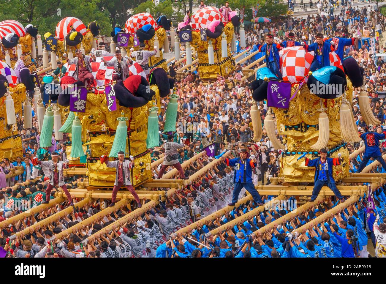 Niihama, Japan - October 17, 2019: Men in traditional clothing lifting ...