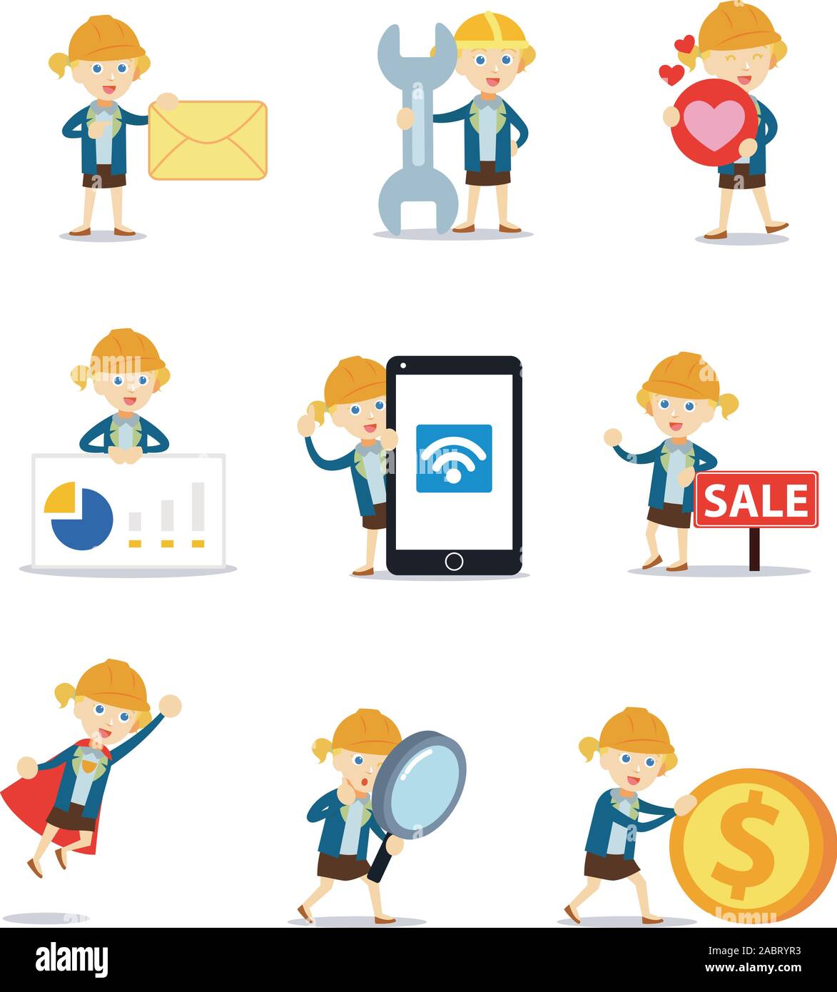 Set of character architect woman work in proyek Stock Vector Image ...
