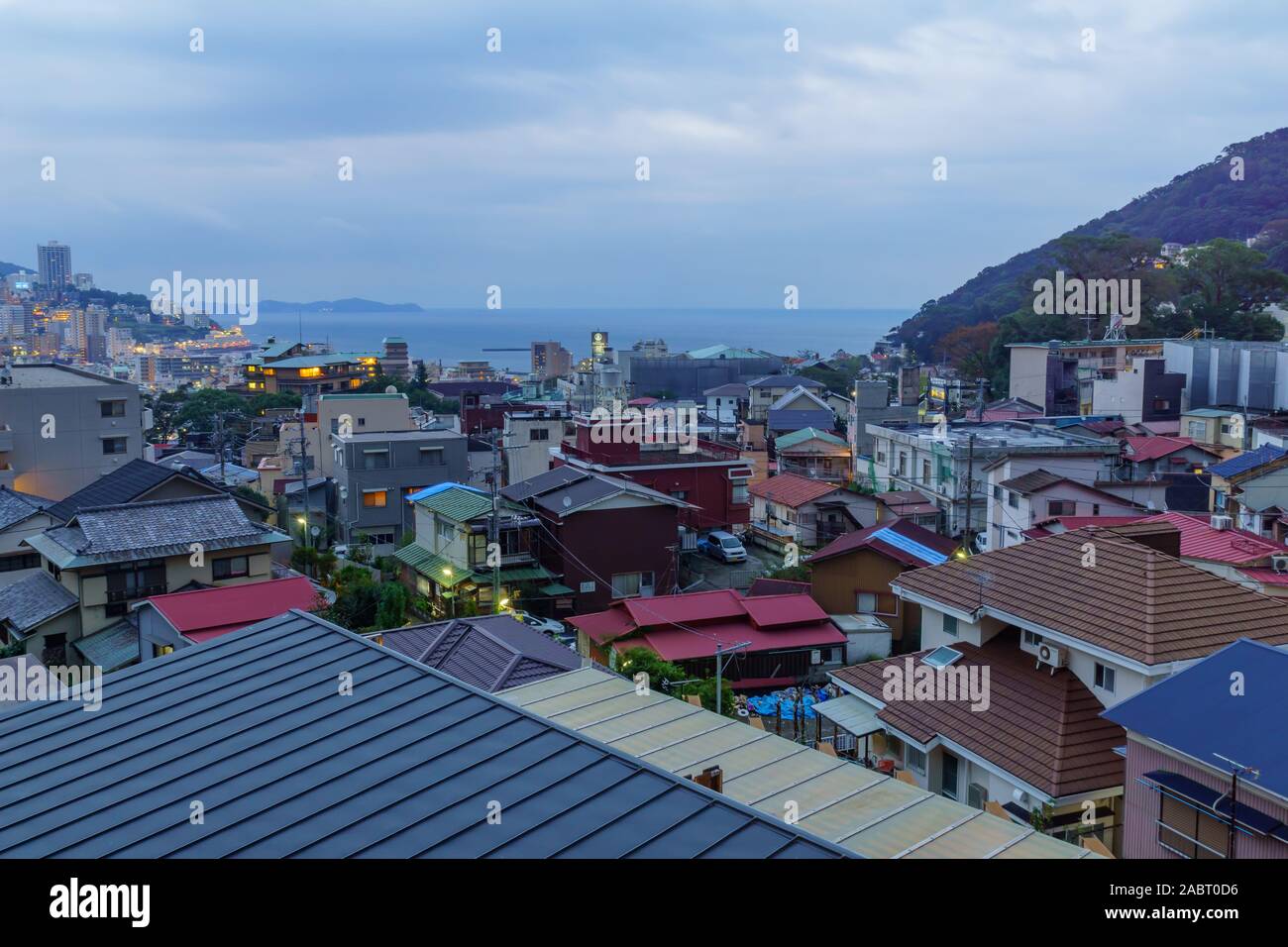 Atami, Japan - October 18, 2019: Sunset view of the city, in Atami, Izu ...