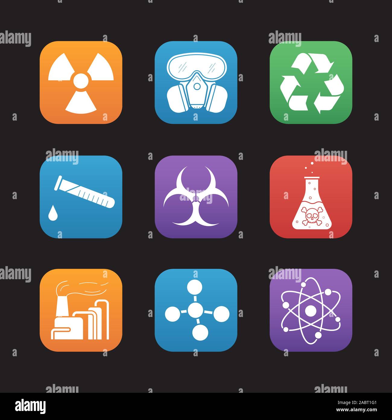 Chemical industry flat design icons set. Gas mask, chemical test tube ...