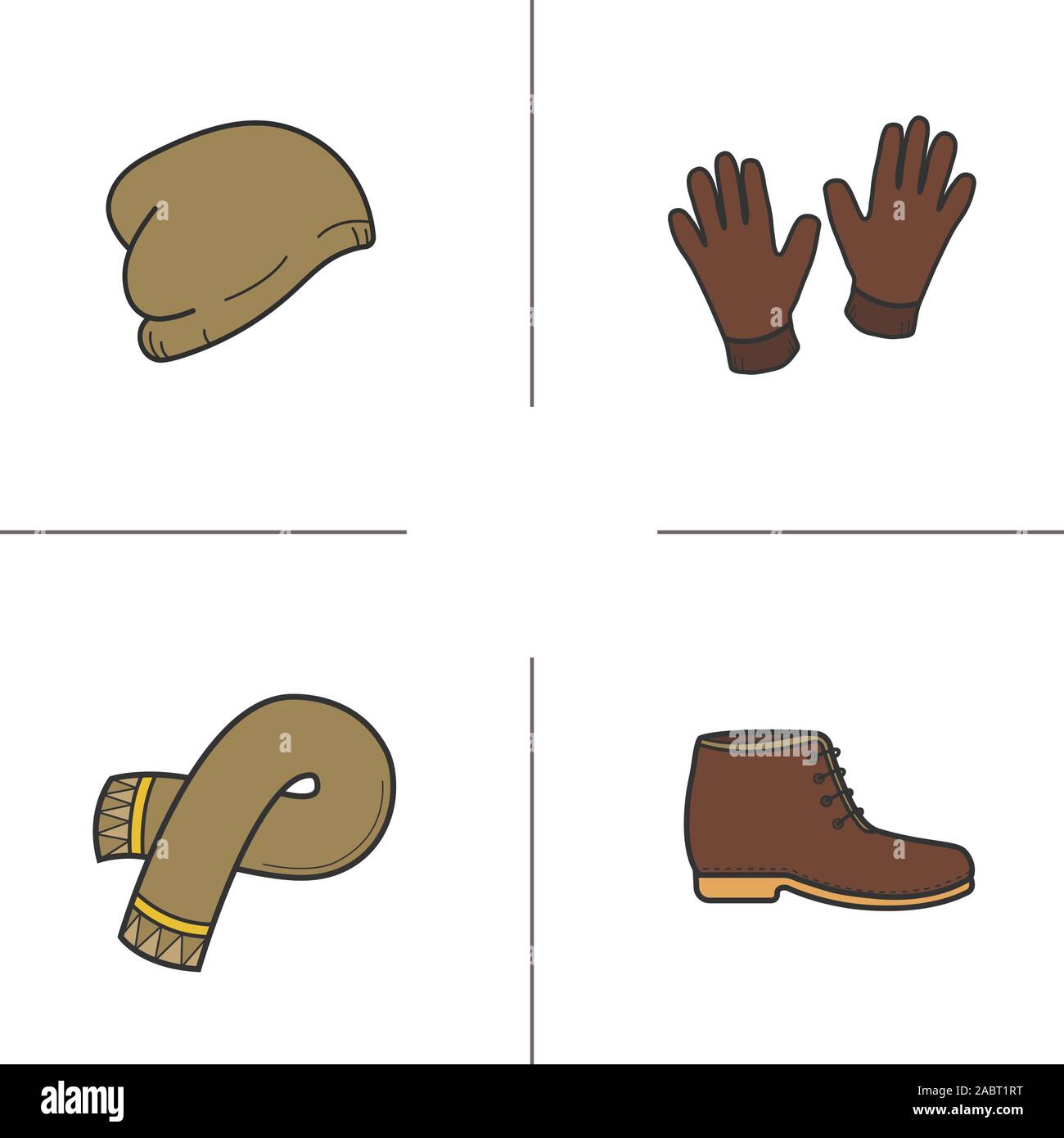 Winter clothes color icons set. Hat, gloves, scarf and boot. Isolated ...