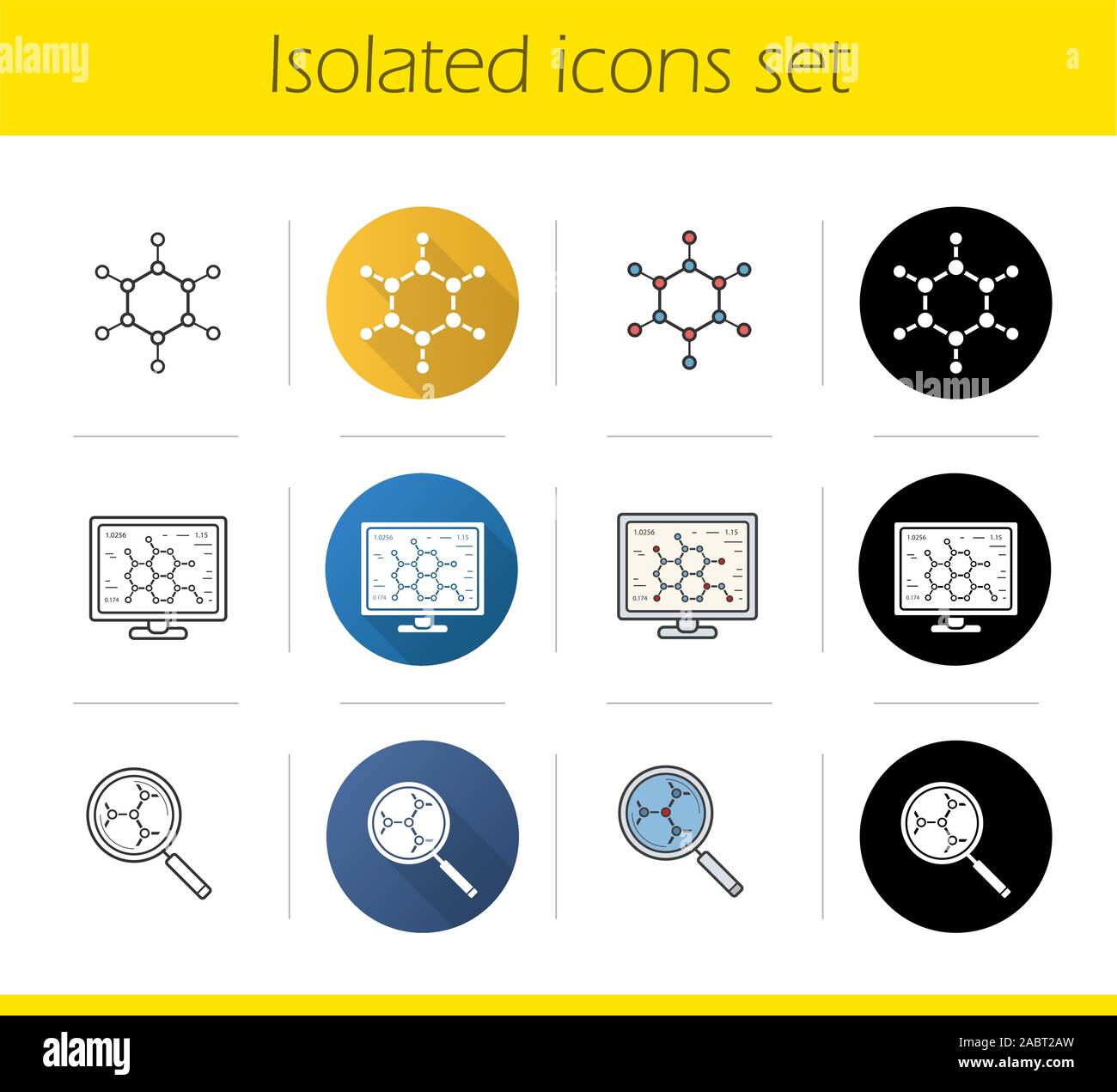 Science lab icons set. Flat design, linear, black and color styles ...