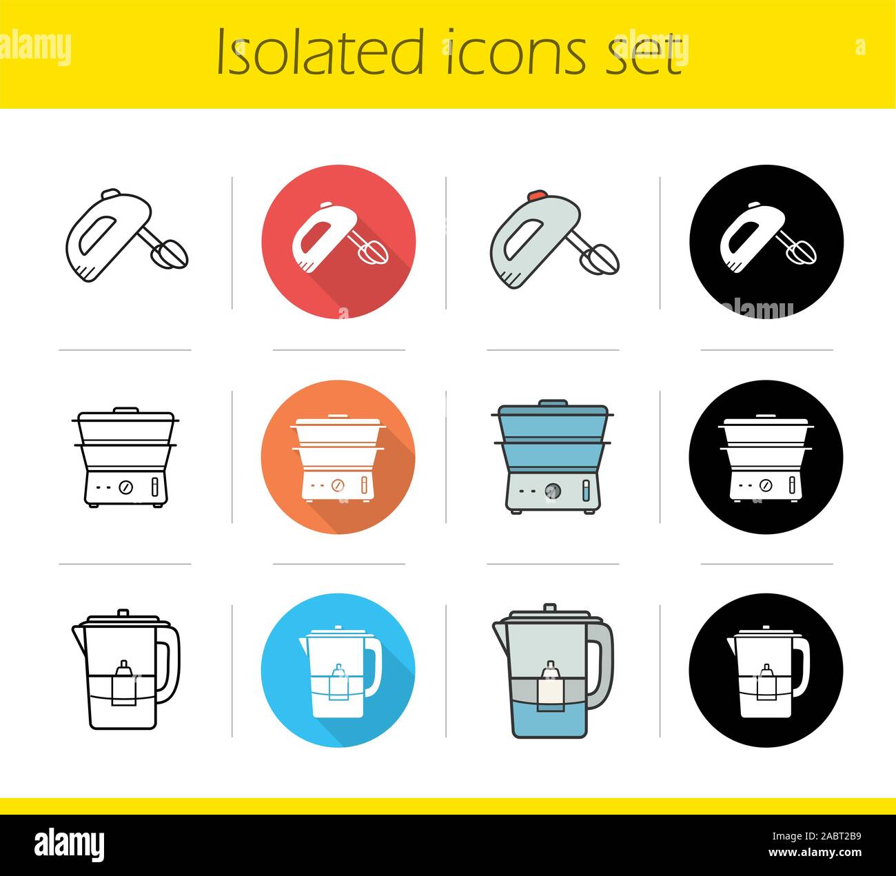 Kitchen appliances icons set. Flat design, linear, black and color ...
