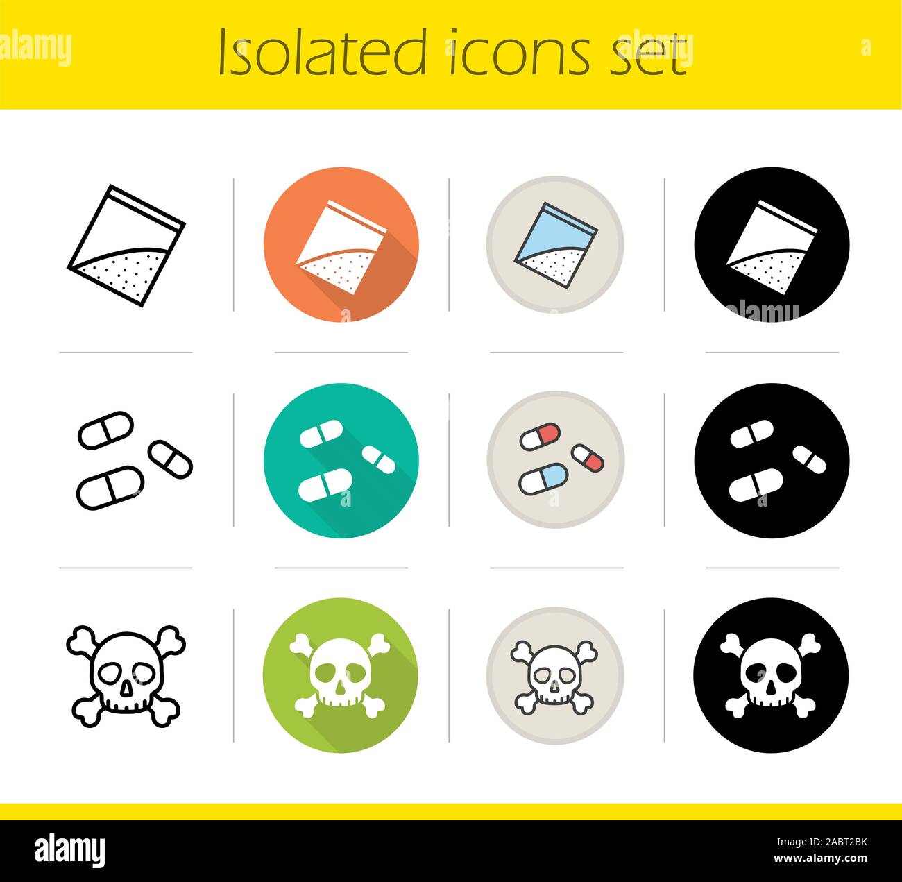 Drugs icons set. Flat design, linear, black and color styles. Skull and ...