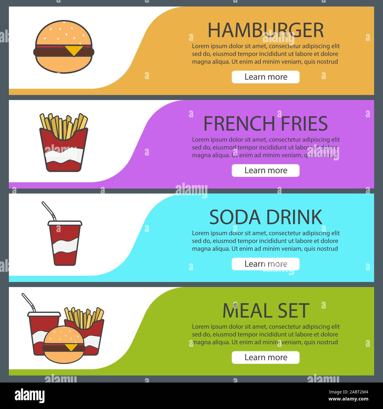 Fastfood banner templates set. Easy to edit. Hamburger, french fries ...