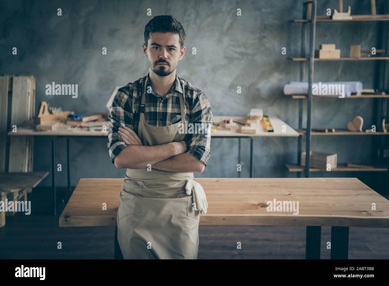 One of my best works. Photo of handsome confident guy master leaning ...