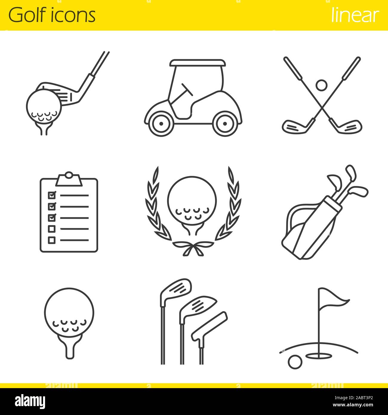 Golf Equipment Linear Icons Set Ball On Tee Golf Cart Clubs Golfer